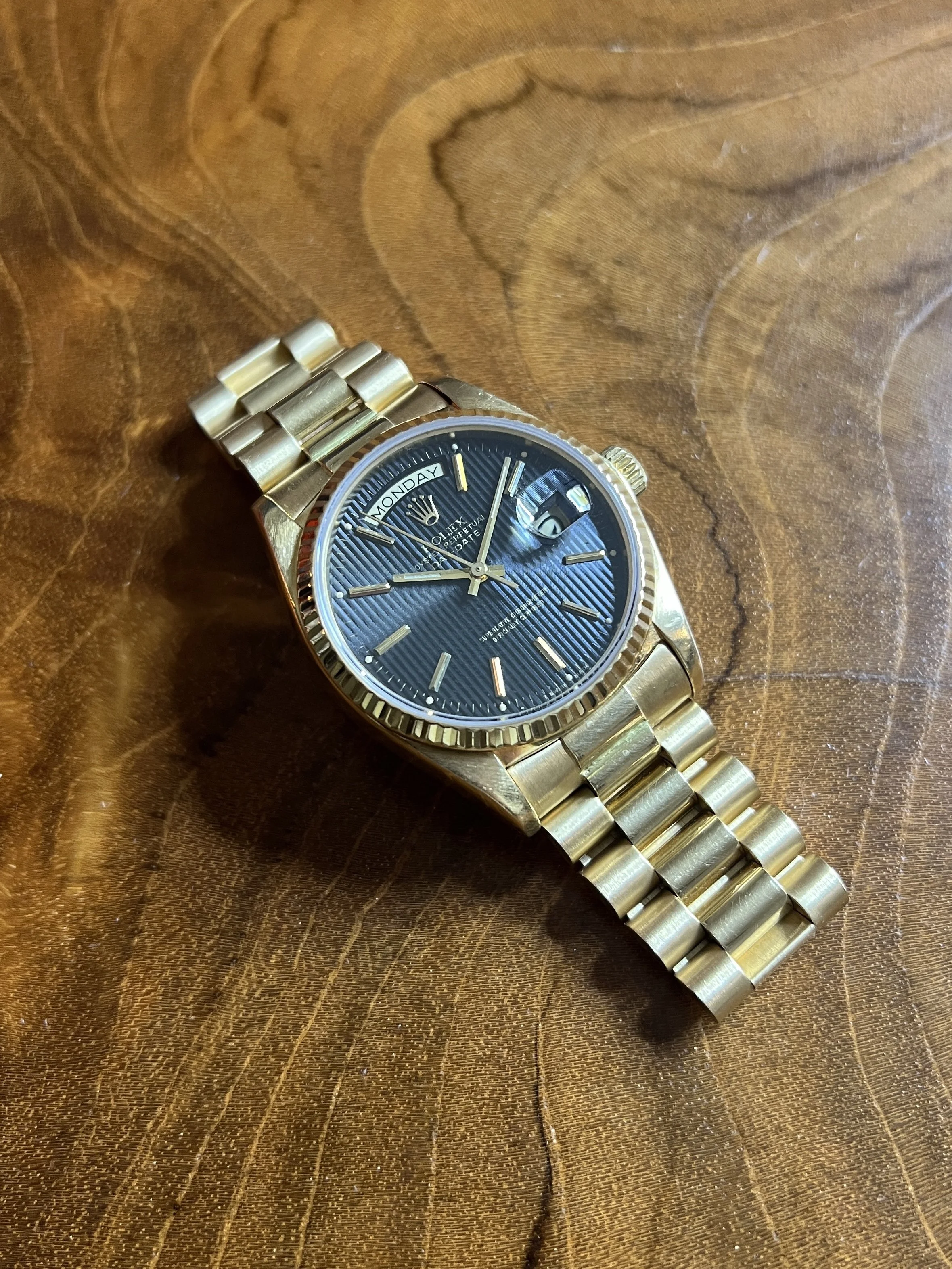 1979 Rolex Day-Date 18038 Black Tapestry Dial in Yellow Gold — Shiny Happy Objects